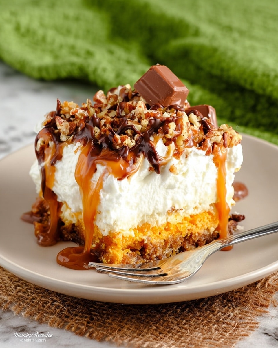 Snickers Poke Cake with Whipped Cream Frosting - Delicious Fall Dessert
